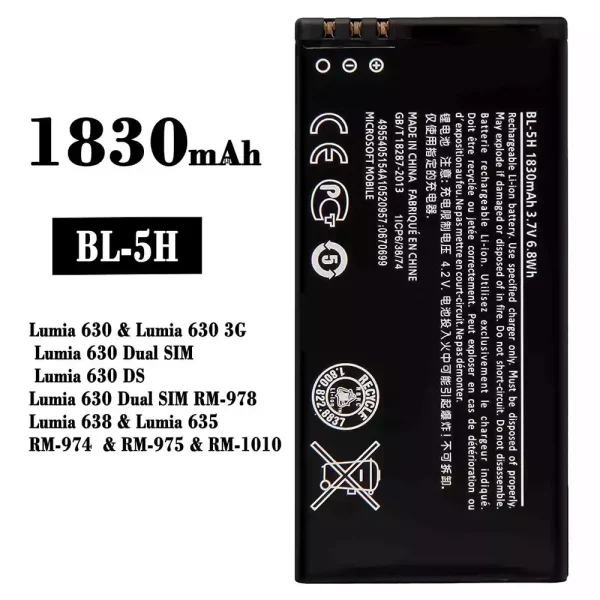 Bateria BL-5H do Nokia Lumia 630 / Lumia 638 / Lumia 635 / RM-974 / RM ...